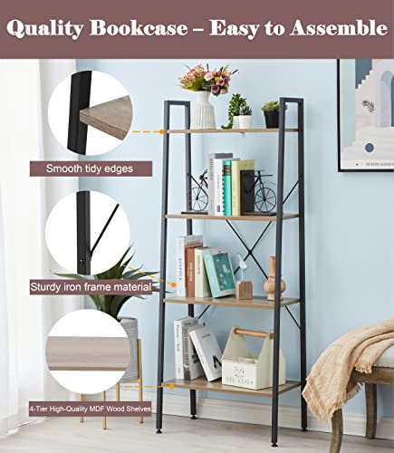 LuxenHome 4 Tier Ladder Bookshelf, 58'' Modern Leaning Bookshelf, Solid Real Wood Bookcase, Rustic Shelves with Industrial Metal Frame, Tall Wide Bookshelf Storage for Classroom, Light-Oak