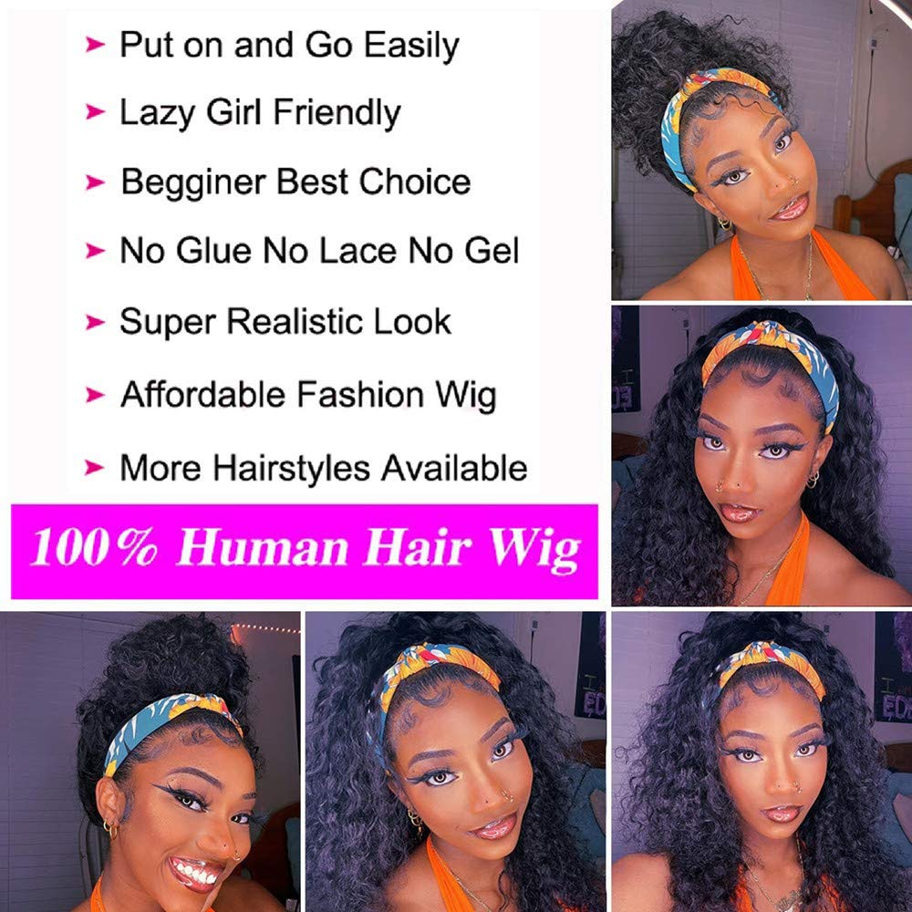 YISEA Headband Wig Human Hair Curly Wigs with Headband for Black Women 12 Inch Deep Wave Machine Made None Lace Front Wig 150% Density Brazilian Virgin Short Bob Wigs