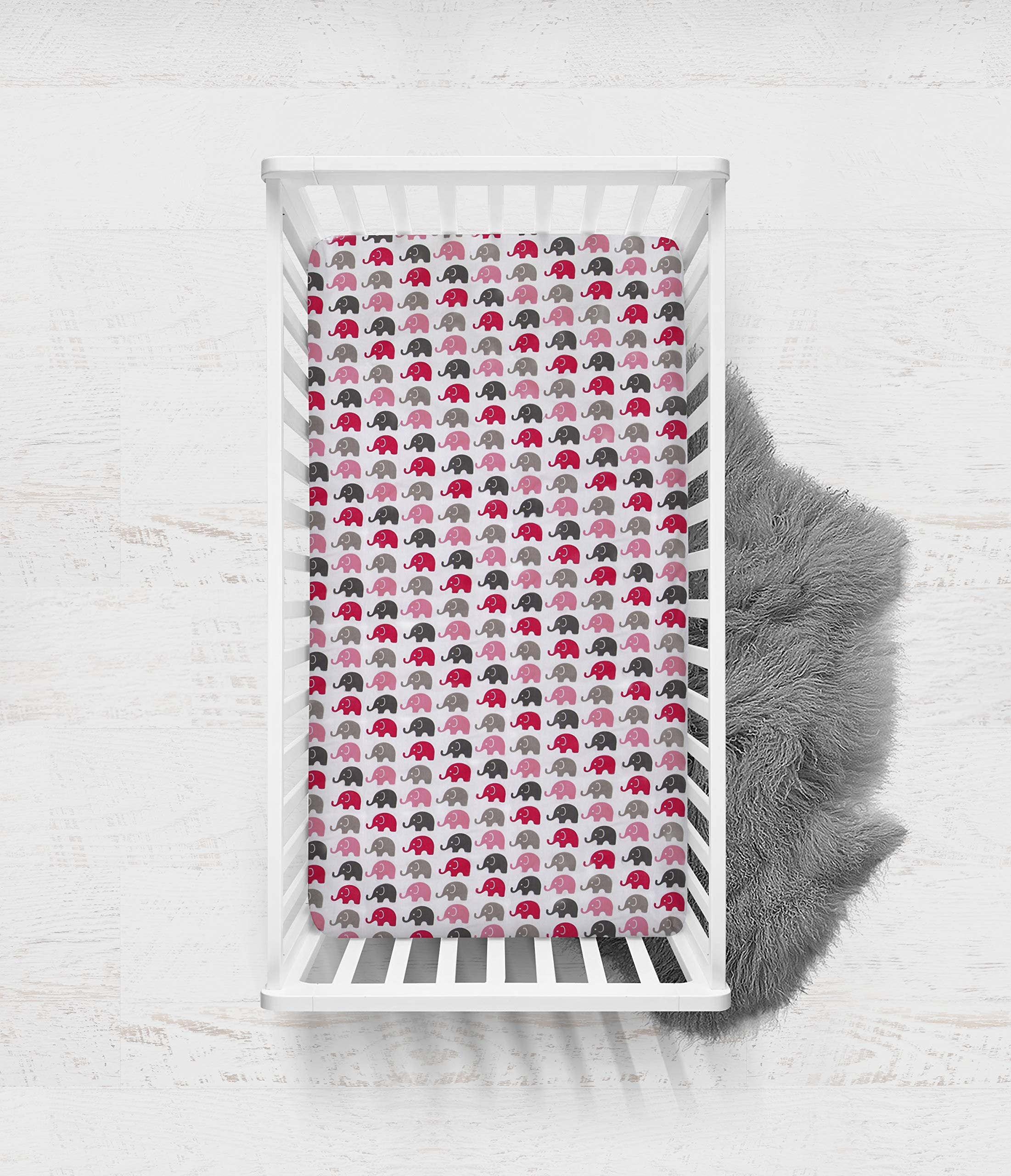 Bacati - Elephant Pink, Fuchsia, Grey 100% Cotton Girls Universal Baby Crib or Toddler Bed Fitted Sheet