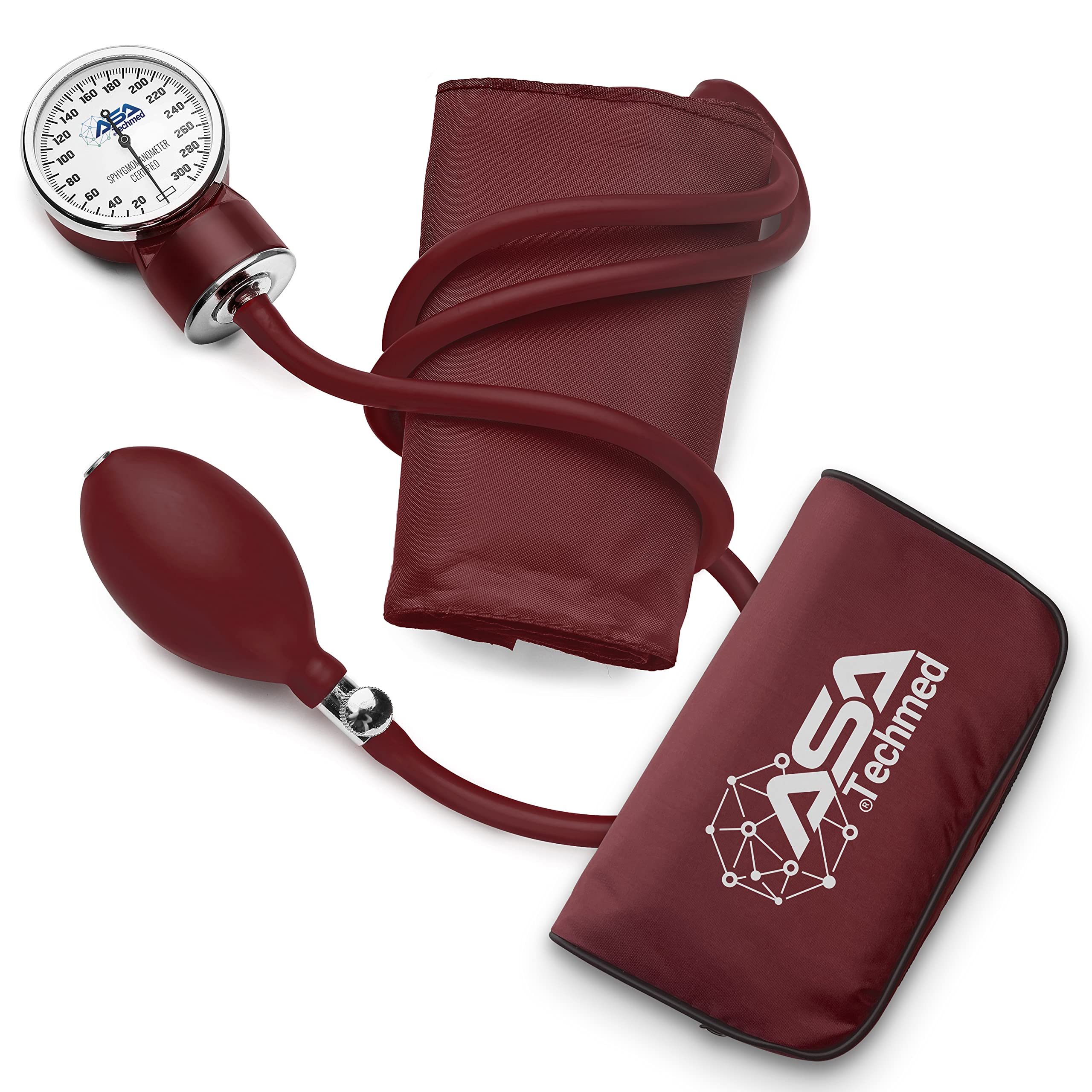 ASA TECHMED Manual Blood Pressure Monitor - Aneroid Sphygmomanometer Blood Pressure Cuff arm for Nurses Universal (Maroon) Standard