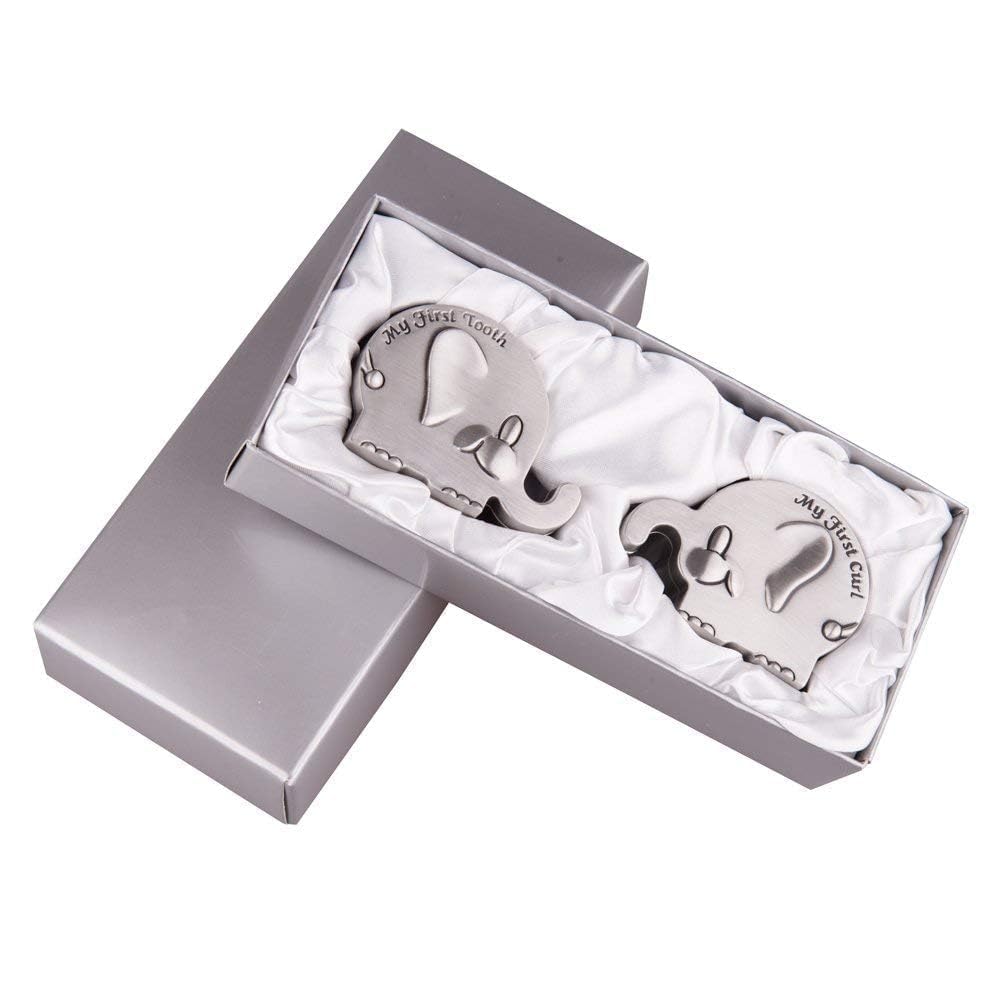 Feyarl Kids First Curl and Teeth Fairy Holder Containter Keepsake Box Tins Keeper for Christening Newborn Shower Kids Birthday Gift Metallic Engraved Elephant Shape (2.4 x 1.6 x 1.2 inches)
