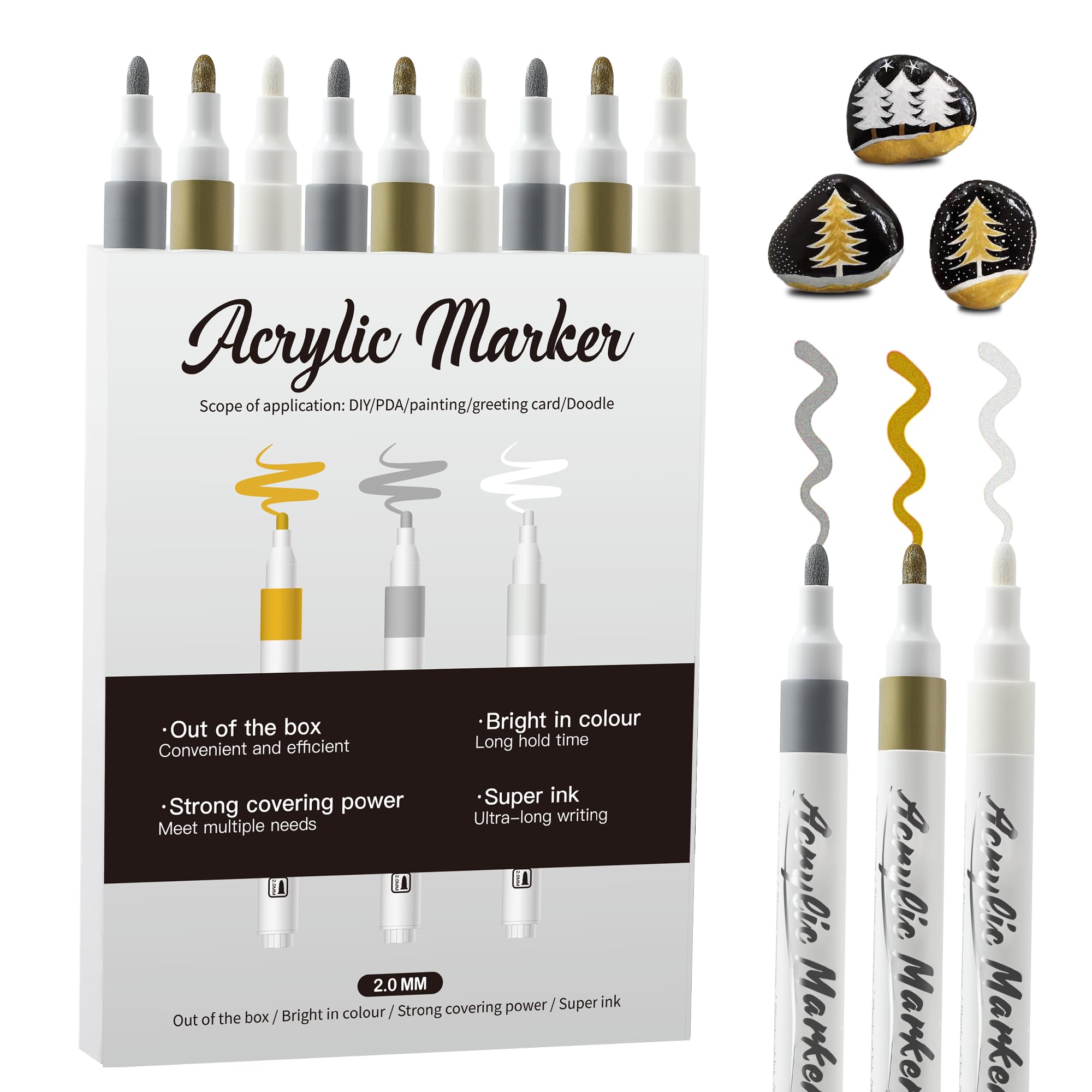 Acrylic Paint Pens Markers,9 Pack Acrylic Markers, 2-3mm Medium Tip, White Gold Silver Paint Pen for Art Projects, Drawing, Rock Painting,Wood, Plastic, Metal, Canvas DIY Crafts