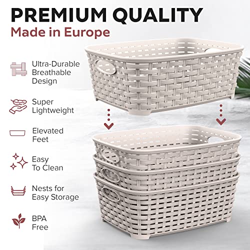 European Made Plastic Storage Bins, Heaviest Duty, Household Organizer Bins for Bathrooms, Bedrooms, Kitchens, Laundry Room, Cabinets, Shelves, 4 Pk, Beige
