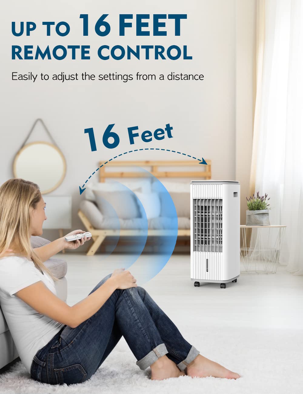 3-IN-1 Evaporative Air Cooler, Portable Air Conditioner w/Cooling/Humidify, Cooling Tower Fan with Remote, 70° Oscillation & 7H Timer Swamp Cooler, Windowless Evaporative Cooler for Room, Ice Packs*4