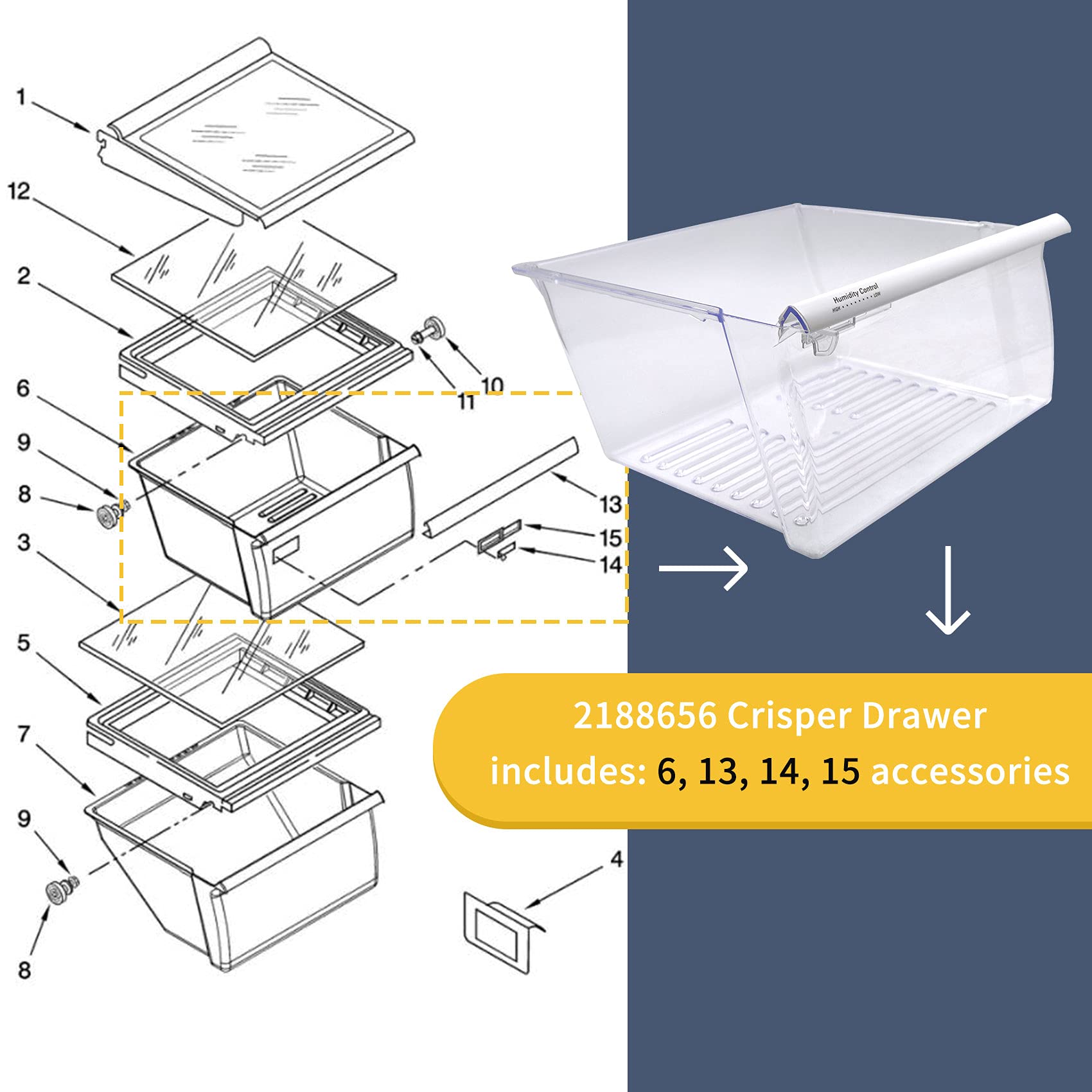 2188656 Refrigerator Replacement Drawers with Humidity Control, Width 16.41 in Compatible whirlpool Kenmore Refrigerator,UPPER bin of refrigerator,Part Numbers:AP6006055,2174108A,2174108-D