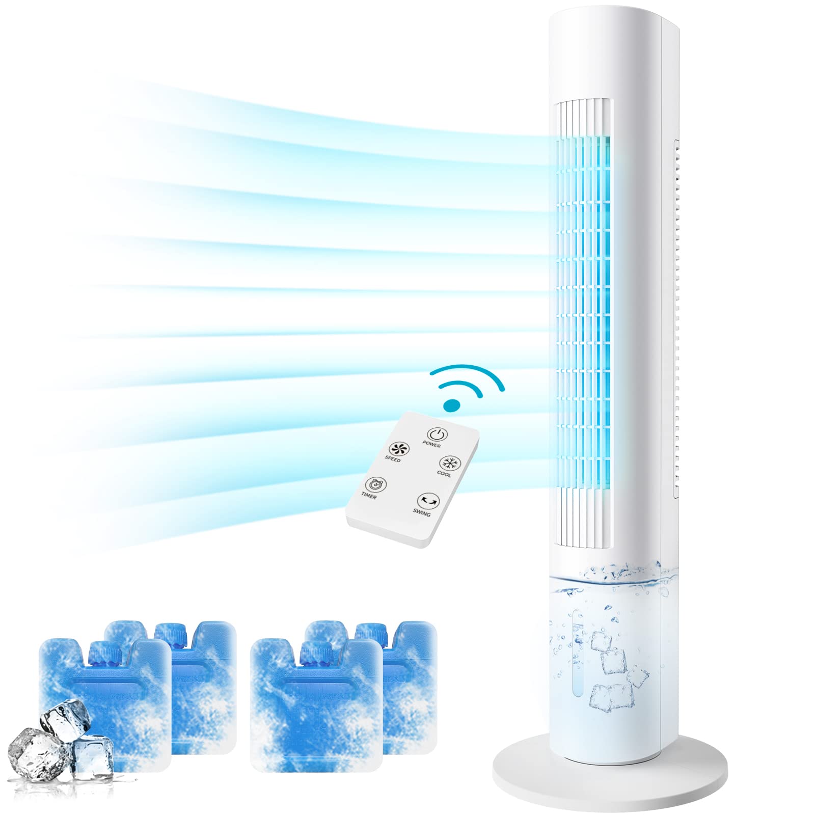 3-In-1 Evaporative Air Cooler,1S Cooling Tower Fan w/Remote Control & 65dB, Portable Air Cooler w/Cooling Mode, Evaporative Cooler w/60° Oscillation, Personal Cooling Fan for Home Office, 4 Ice Packs