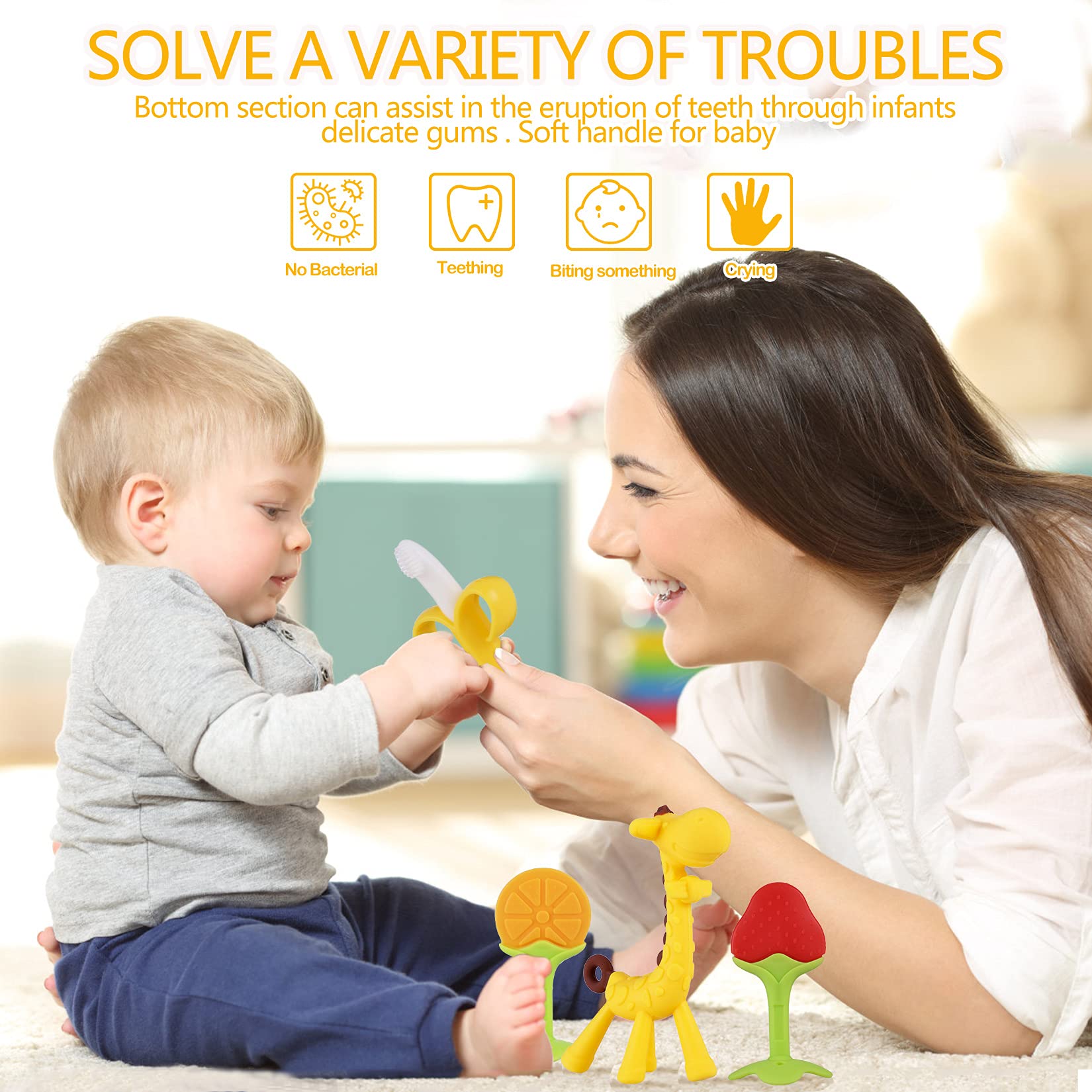 Baby Teething Toys for Newborn (4-Pack),Baby Chew Toys Teething Freezer Set Soothing Baby, Toddler Silicone Banana Toothbrushes Fruit Giraffe Teethers Soothe Babies with Storage Case Set
