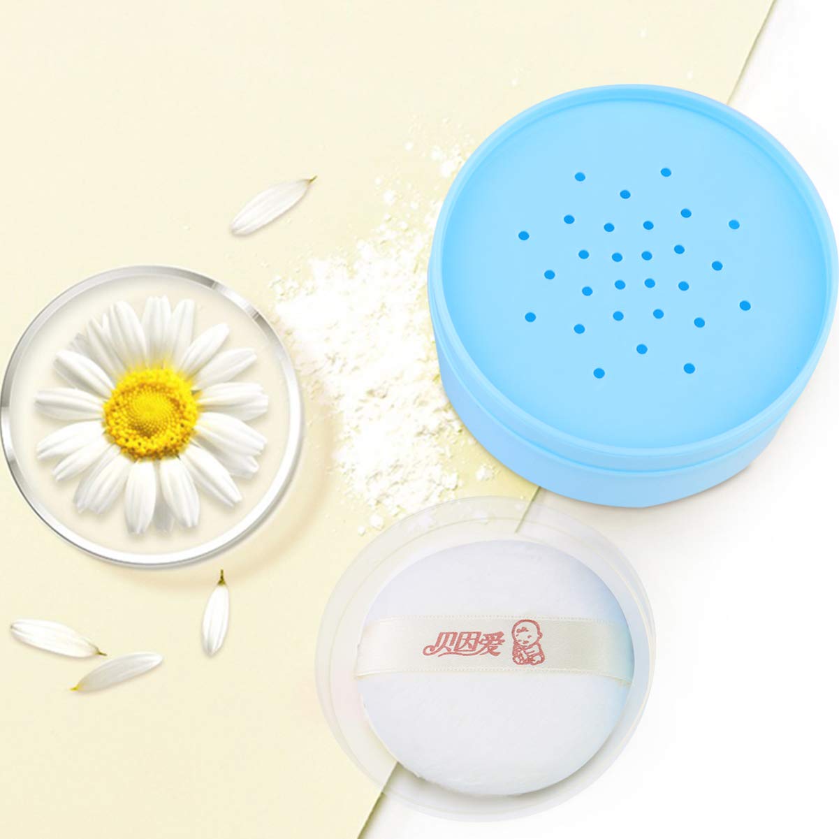 LEORX 1 Set Baby After-Bath Puff Box Portable Empty Body Powder Container Dispenser Case with Sifter and Powder Puffs for Home Travel Use (Blue)