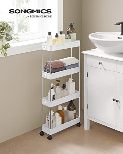 SONGMICS 4-Tier Slide Out Storage Cart, Slim Rolling Cart on Wheels, Slim Storage Cart, Space-Saving Bathroom Storage, Kitchen, Narrow Shelf, 15.7 x 5.3 x 33.9 Inches, White UKSC08WT