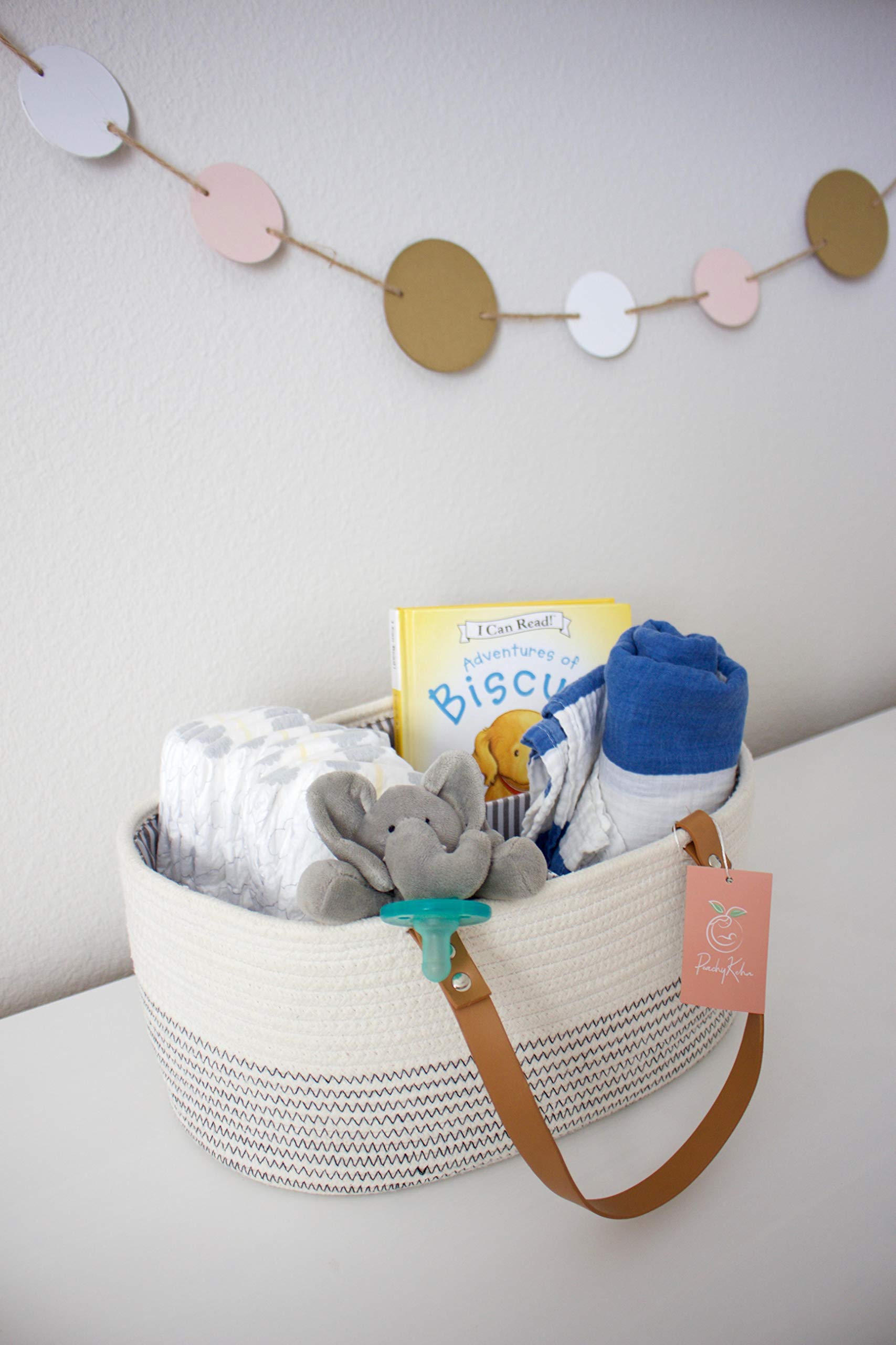 PeachyKehn Rope Baby Diaper Caddy Organizer – Trendy Nursery Storage Bin – Large Woven Cotton Tote with Removable Inserts and Eco Leather Handles – Baby Car Organizer or Shower Gift Basket
