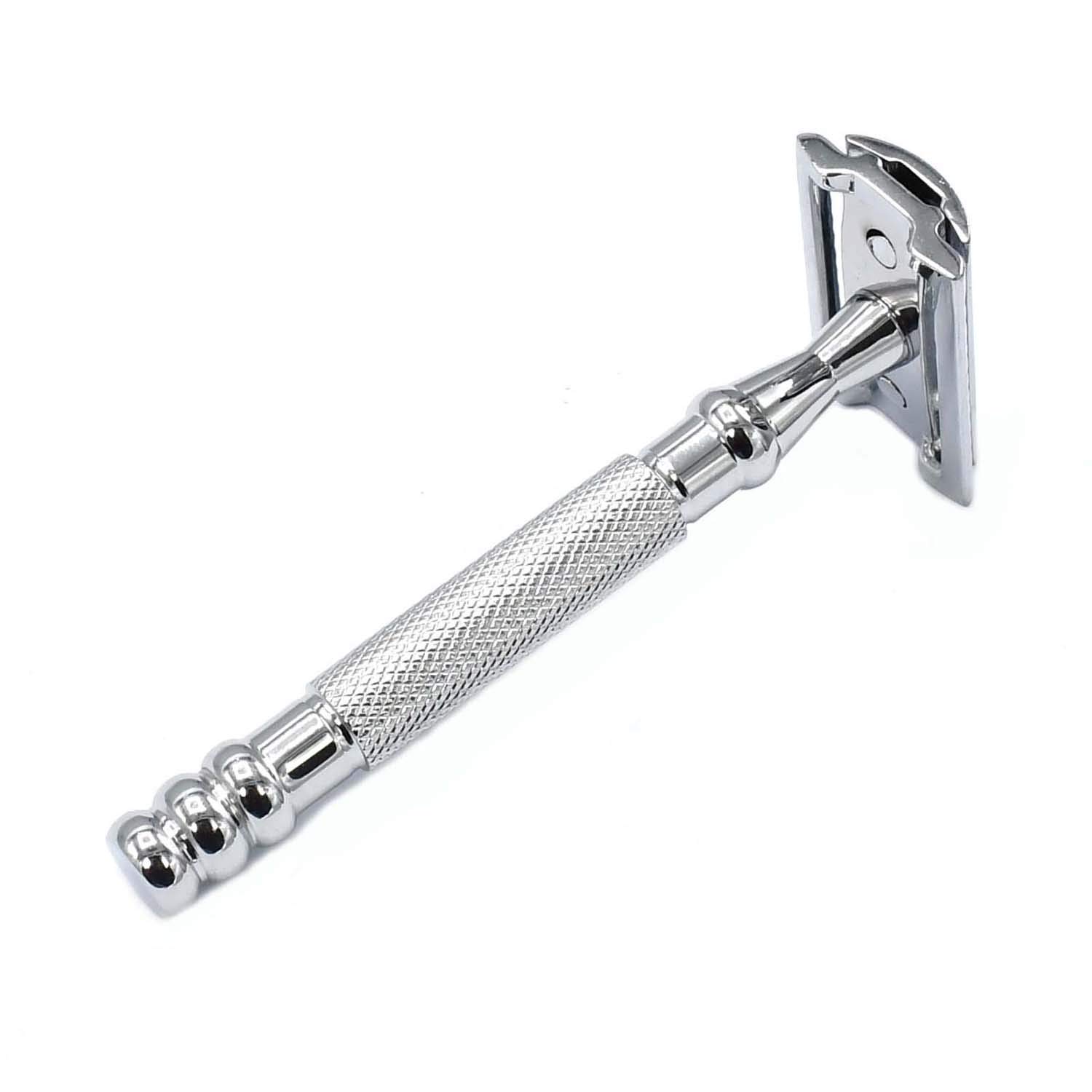 OdontoMed2011® Men's Stainless Steel Manual Shaver Double Edge Safety Shaving Razor Chrome Plated with 5 Pcs Double Edge Razor Blades BTS-319