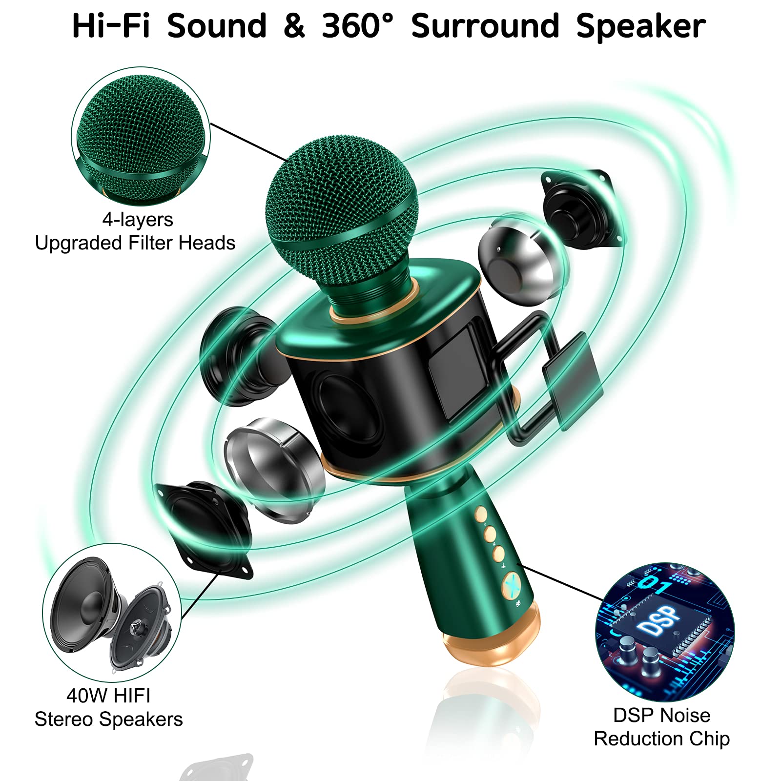 AsperX Karaoke Microphone, Wireless, Bluetooth, Portable, 5 in 1 Microphone with 40W Full Range Stereo Speaker for Singing, Suitable for Adults & Kids, Perfect for Birthday, Home Party (Green)