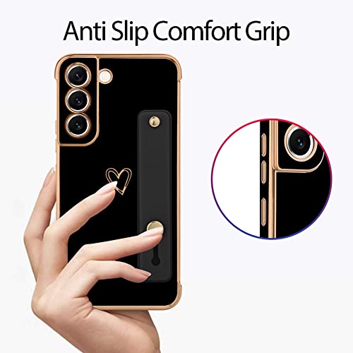 AIGOMARA Compatible with Samsung Galaxy S22 Plus Case with Finger Strap Luxury Cute Heart Plating Phone Case Full Body Protective Kickstand Cover for Galaxy S22 Plus 5G 2022 Women Girly - Black