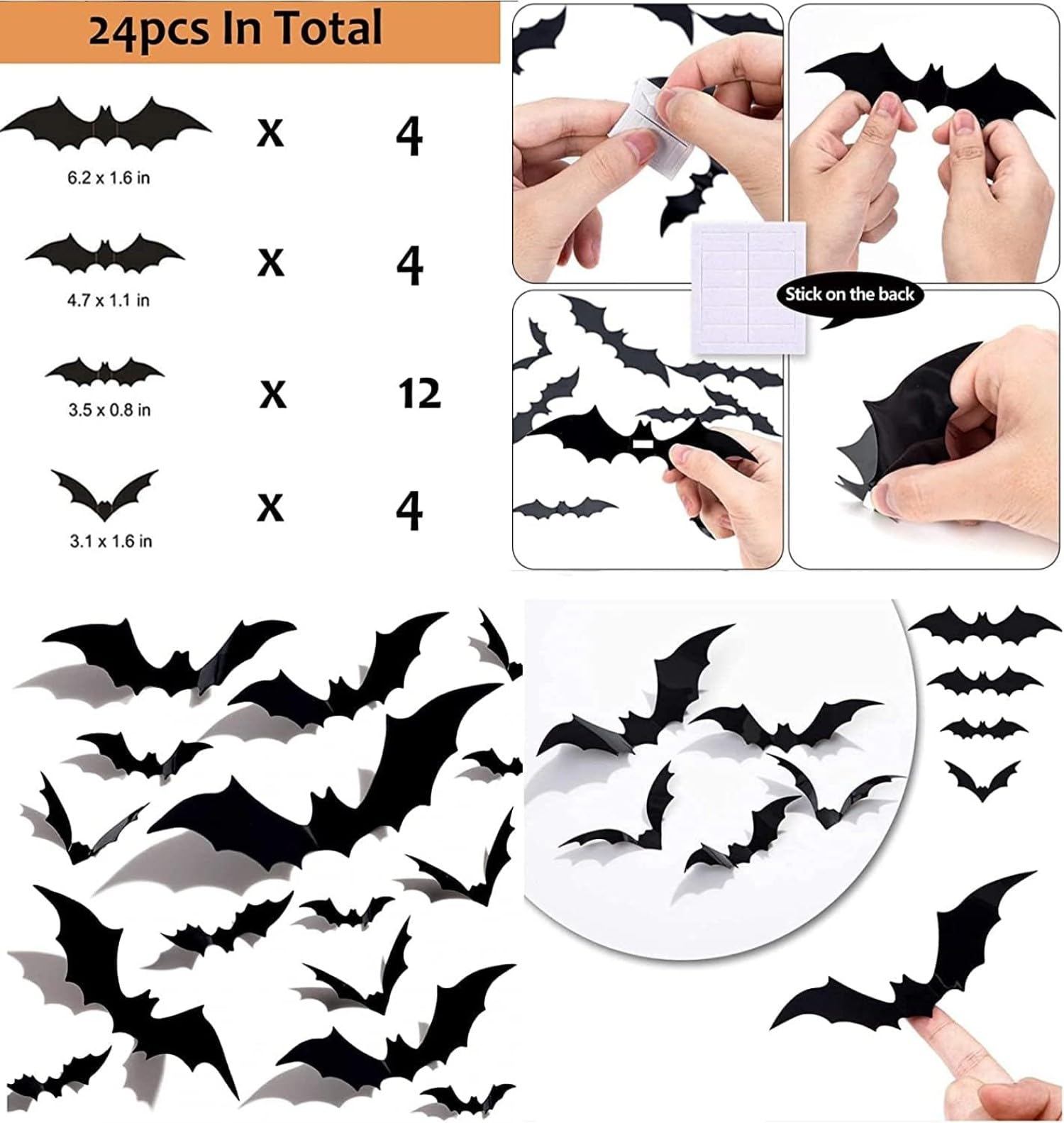 2pack Glittery Halloween Ghost Banner with 24pcs 3D Scary Bat Stickers for Halloween Decoration Haunted Houses Doorways Indoor Outdoor Mantel Wall Decor