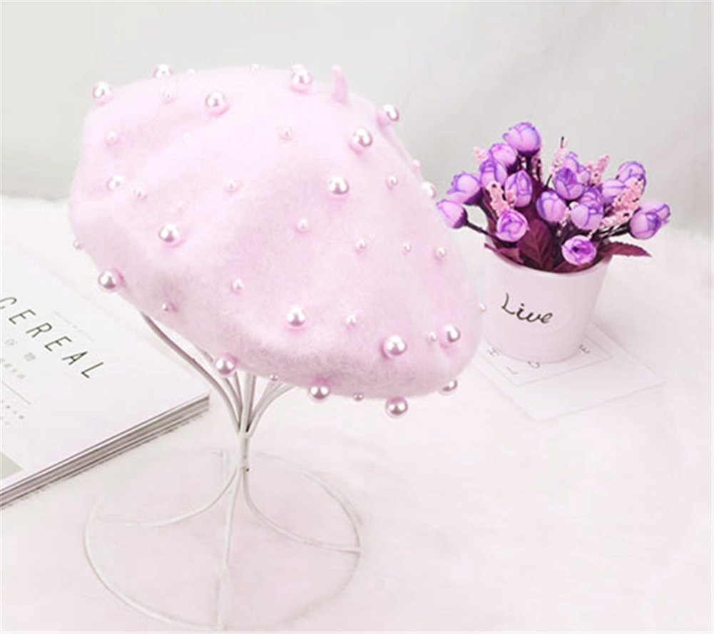 2021 Vintage Pearl Wool Beret Hat Lady Fashion Artist Hat (White)