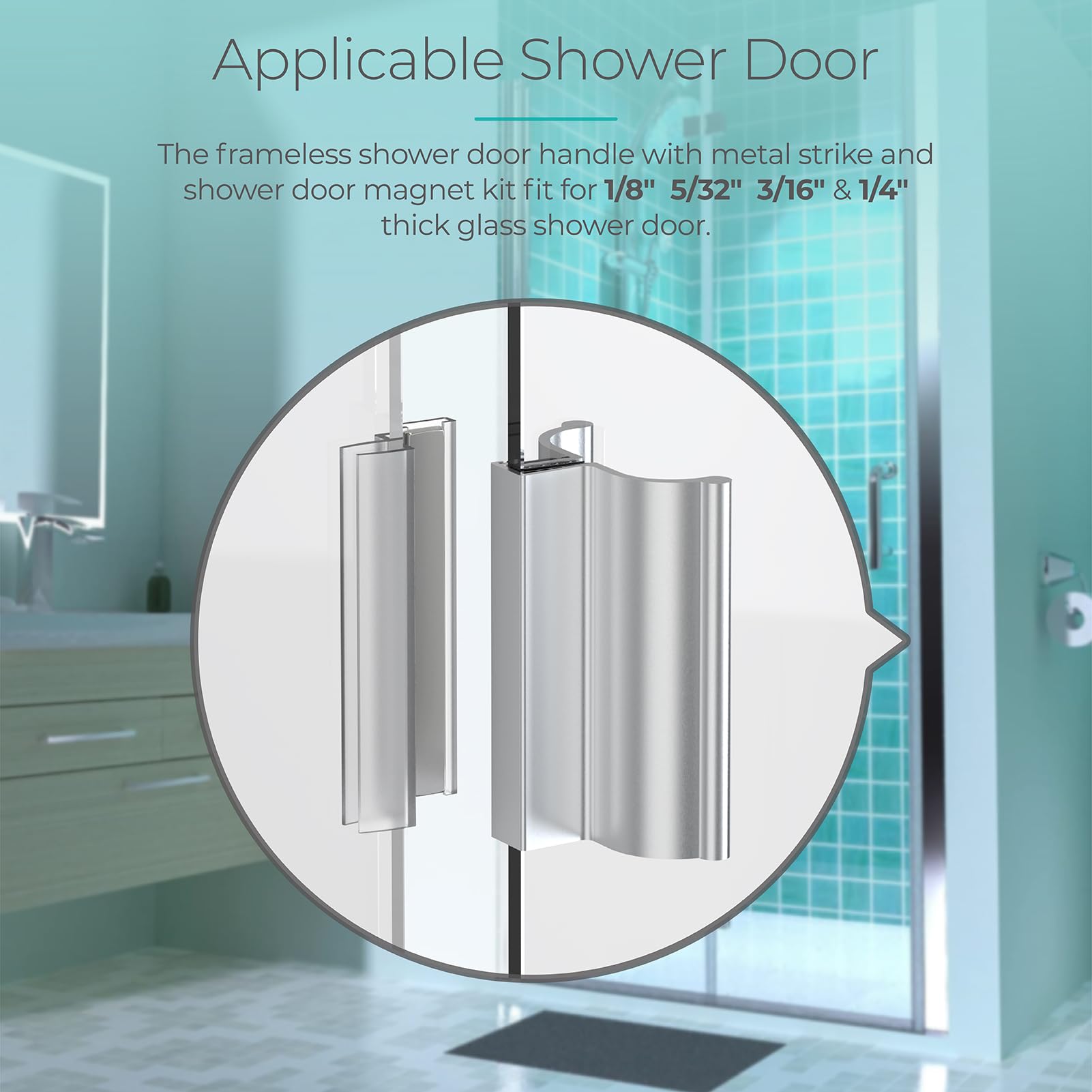 3-3/4" Bright Chrome Frameless Shower Door Handle with Metal Strike and 3" Magnet,Shower Door Magnetic Latch Kit Fits Glass Door Thickness 1/8", 5/32", 3/16" and 1/4",Shower Door Replacement Parts