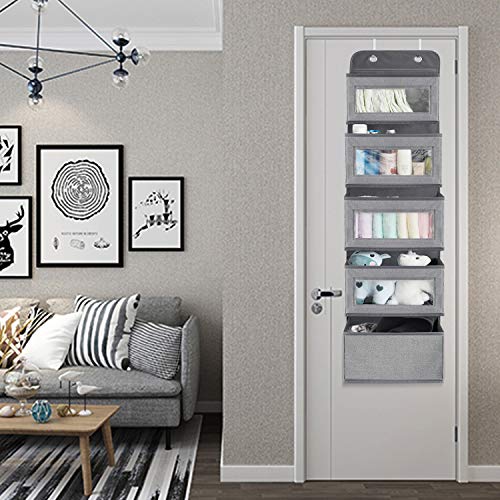homyfort Over the Door Hanging Organizer Storage with 5 Large Pockets,Wall Mount Storage with Clear Windows and 2 Widened Metal Hooks for Pantry,Nursery,Diapers,Bathroom,kitchen,Closet,Dorm(Grey)