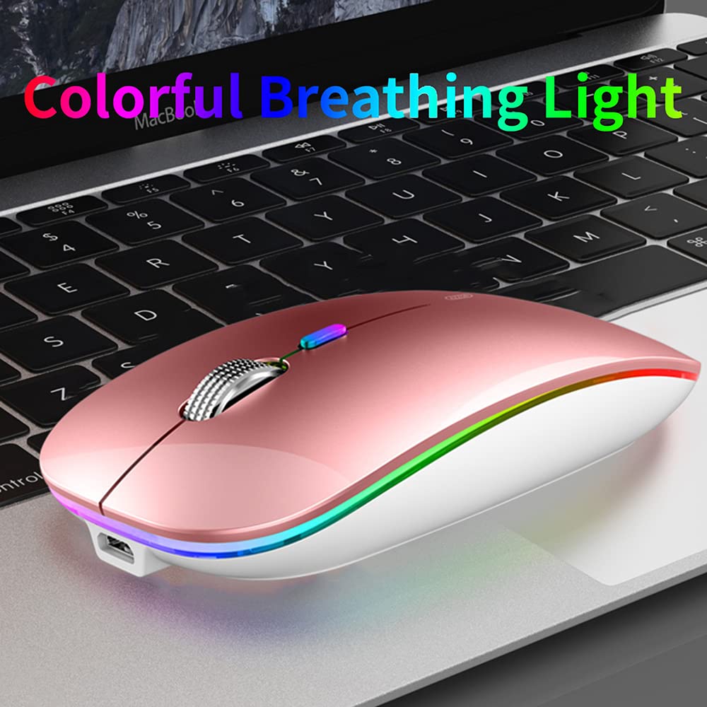 Uiosmuph LED Wireless Mouse, G12 Slim Rechargeable Silent 2.4G Portable Optical Wireless Computer Mice with USB Receiver and Type C Adapter (Rose Gold)