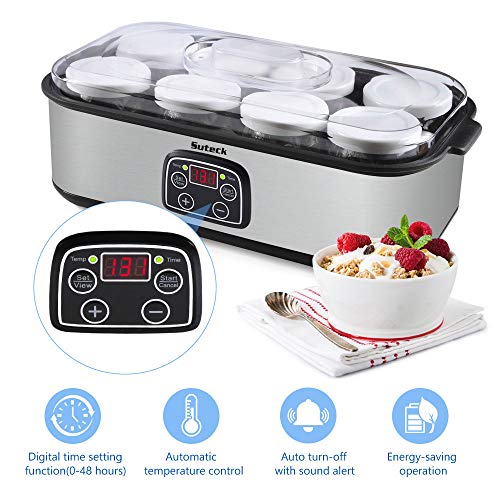 Automatic Yogurt Maker Machine Digital LCD Display with Constant Temperature Control 8 Glass Greek Jars and Lids 48 Ozs Stainless Steel Design for Home Kitchen Use.