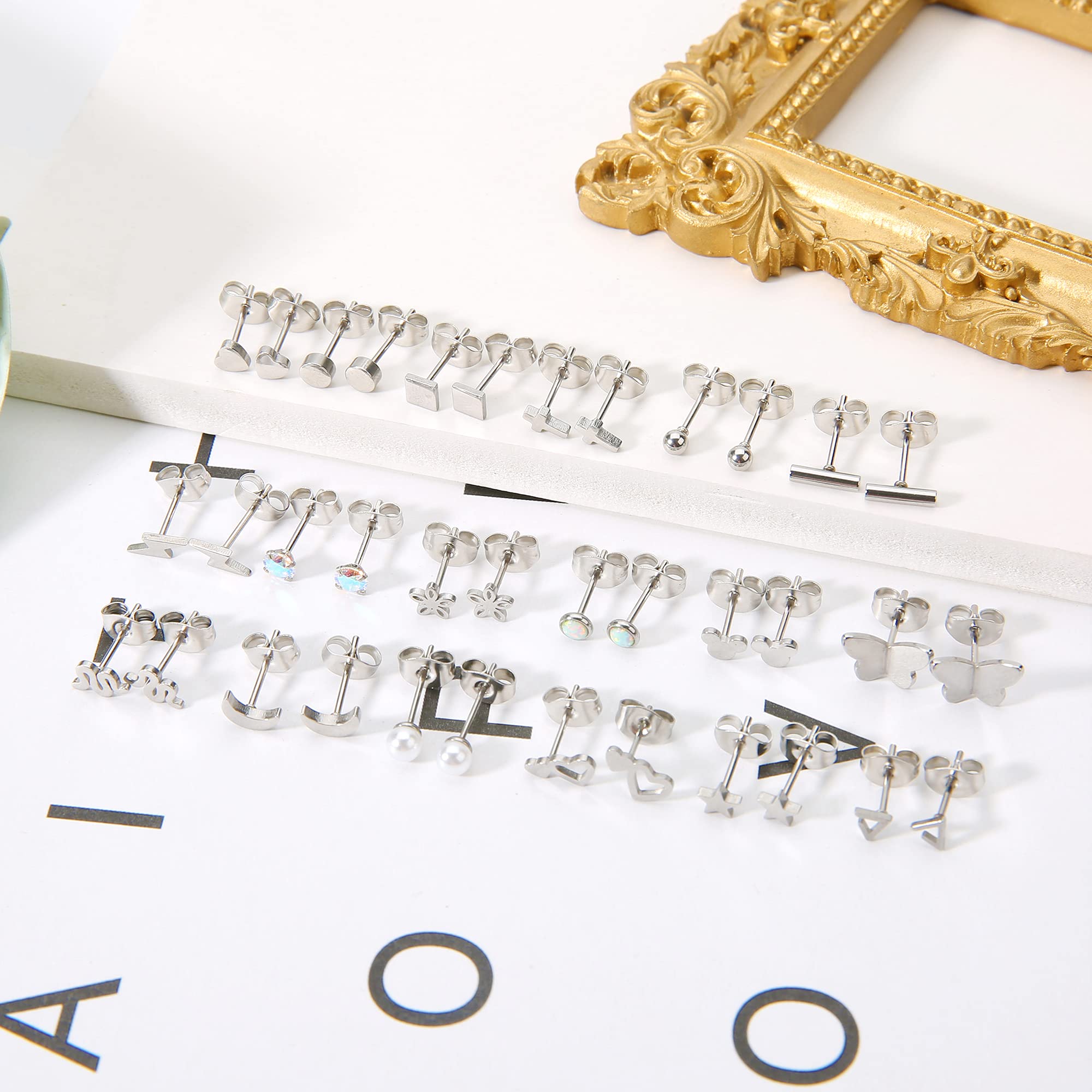 18 Pairs Stainless Steel Star Moon Stud Earrings for Women Cute Bar CZ Stud Earring Set (silver-tone)