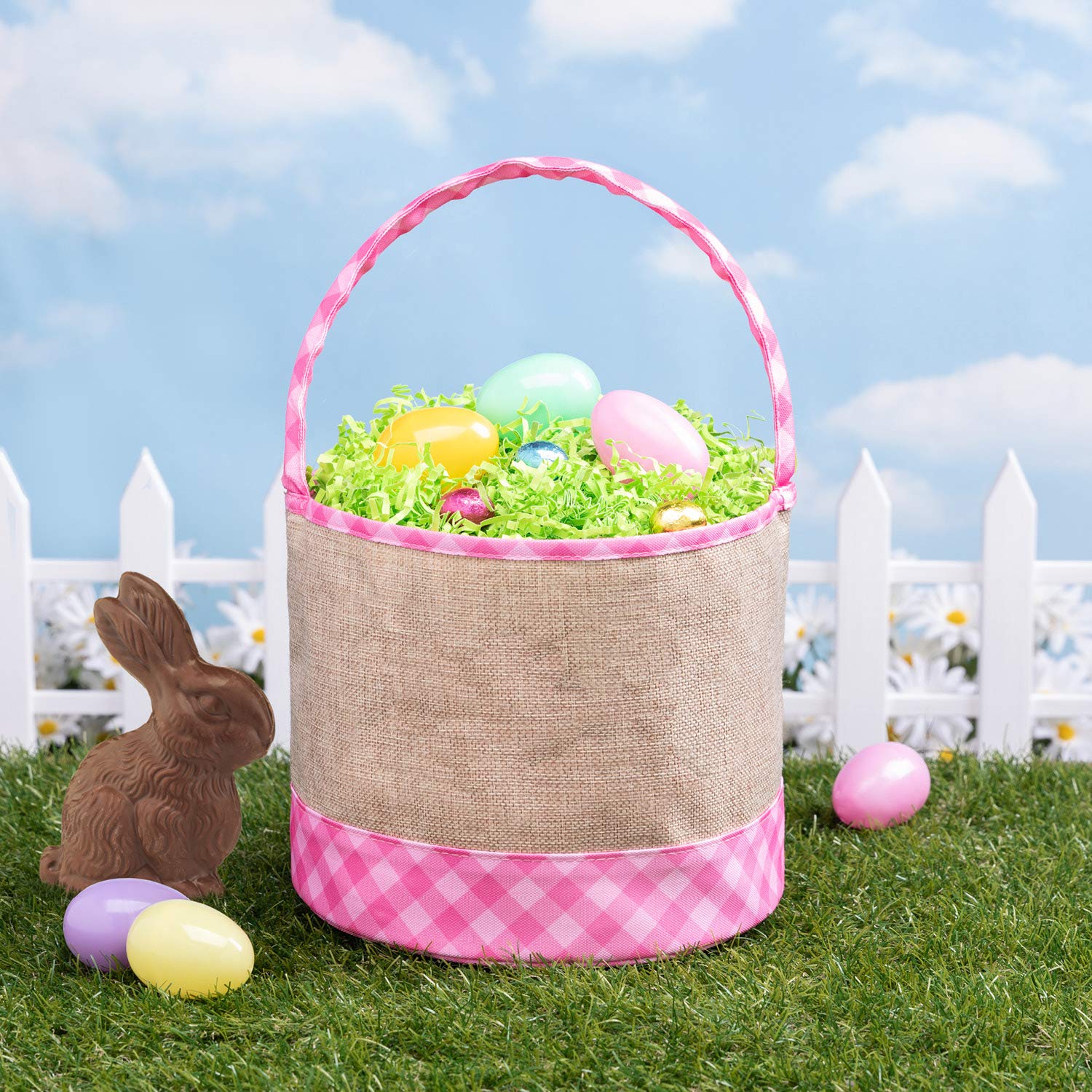 Personalized Easter Bucket Bag with Custom Cursive Name | Pink Plaid Burlap Easter Bag with Handle | Egg Basket for Kids | Customized Easter Basket | Great for Book and Toy Storage