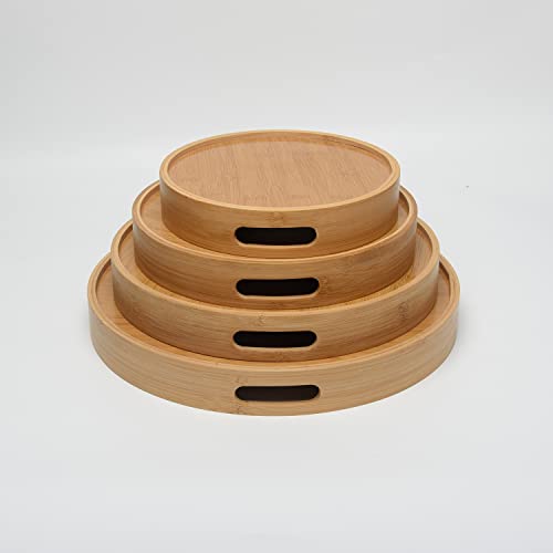 Bamboo Wood Round Tray w/Handles, Tea & Coffee Table Decorative Serving Tray Food Storage Platters for Serving Beverages & Food on Bar Living Room Home Dining Table (C - 35 cm/ 13.78 inch)