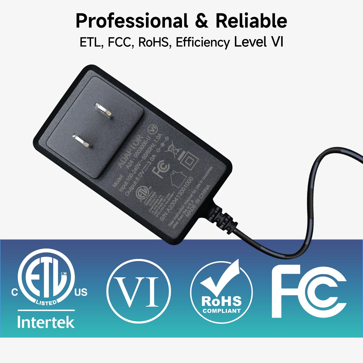 5V 3A/3000mA DC Universal Power Supply Adapter, 100-240V 50/60Hz AC to DC 15W Wall Charger for Router, CCTV Camera, Speaker, Power Bank, E-Reader, USB Fan and More 5V Devices Less Than 15W, ETL FCC