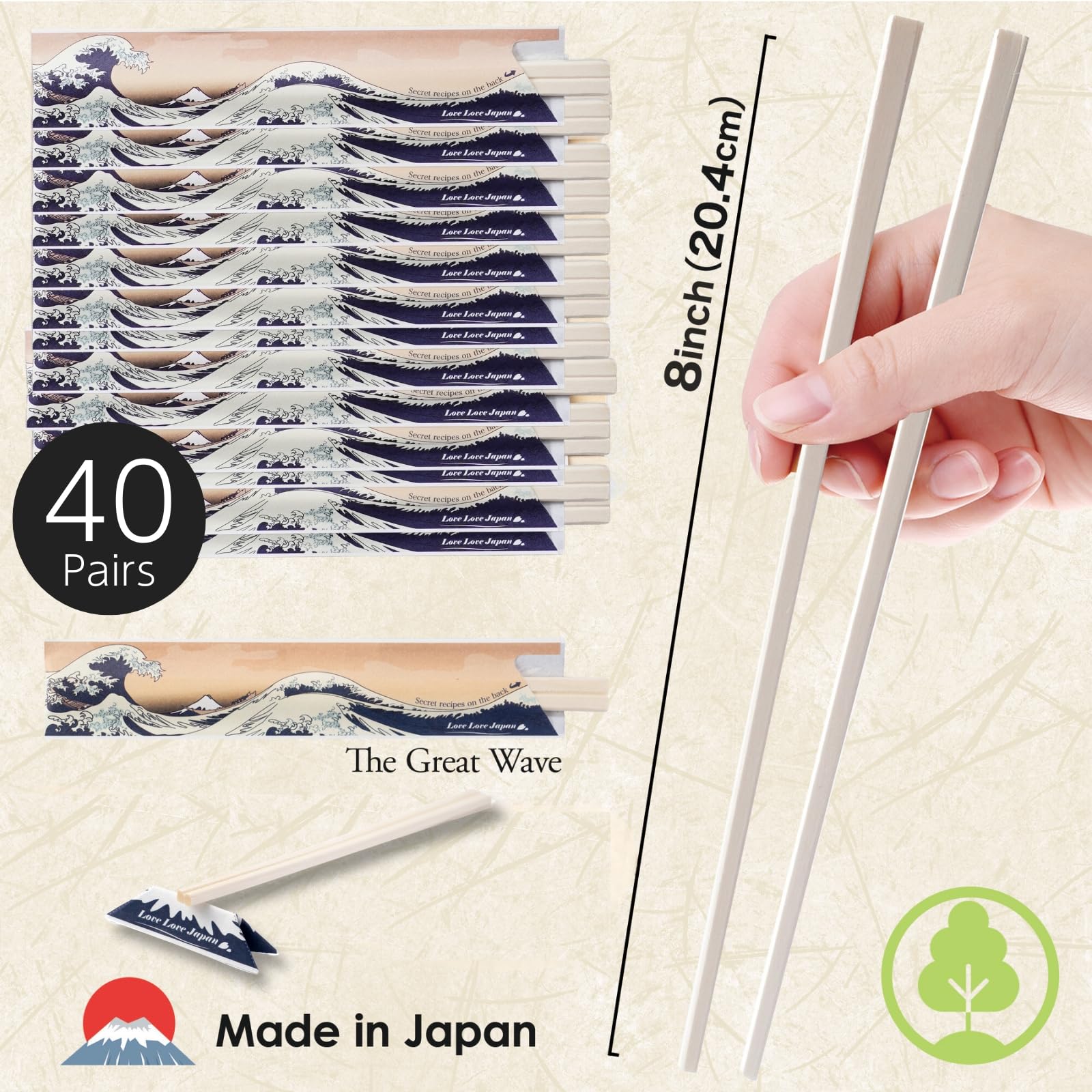 40 Pairs Disposable Chopsticks with Japan Hokusai Designed Origami Paper Rest, Individually Wrapped Chopsticks for Asian Japanese Dishes, Sushi Ramen (Great Wave)