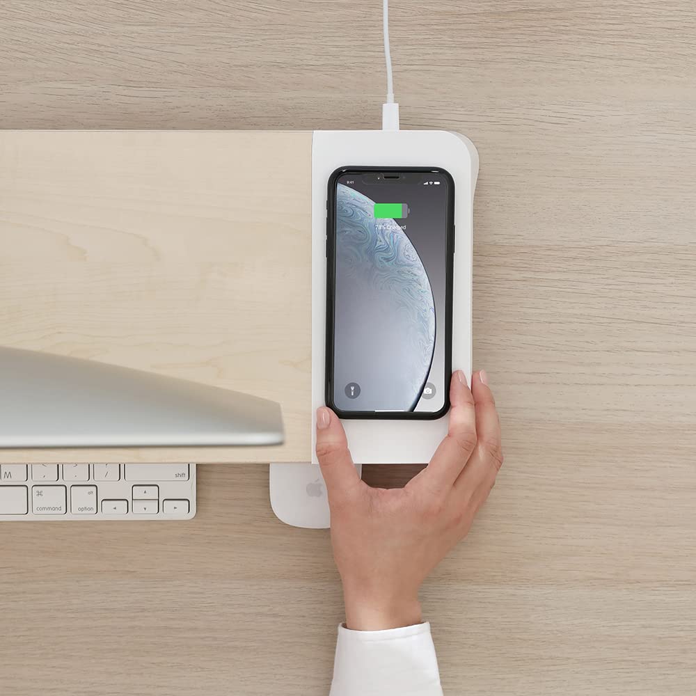 POUT E6 White Wood Desk Monitor Computer Stand Riser Shelf + Qi Fast Wireless Charging Charger Pad Mat for Laptop, Apple, iMac, PC, iPhone, Samsung Galaxy, Airpod 2, Buds