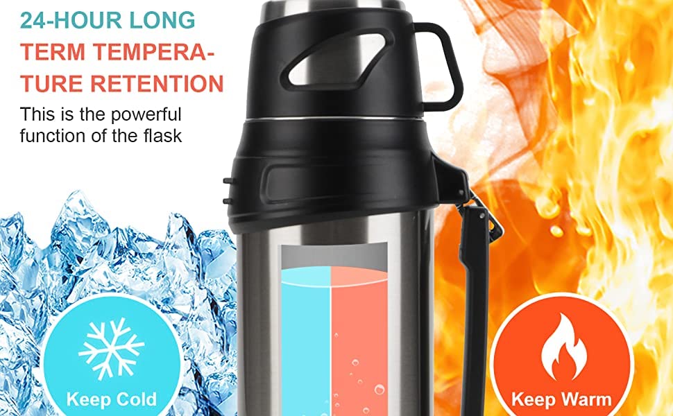 68oz (2 Liter) Coffee Vacuum Thermos for Travel - 24 hours Keeping Hot and Cold Drinks, Stainless Steel 3 Layers, Vacuum insulated Flask with 2 Cups for Hiking & Camping