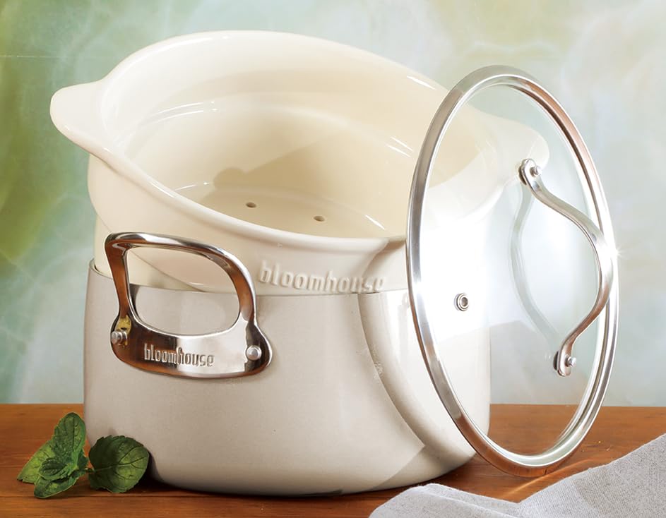 Bloomhouse - Oprah's Favorite Things - 6-QT Aluminum Enamel Dutch Oven w/Non-Stick Non-Toxic Ceramic Interior and Ceramic Steamer Insert - Oat White