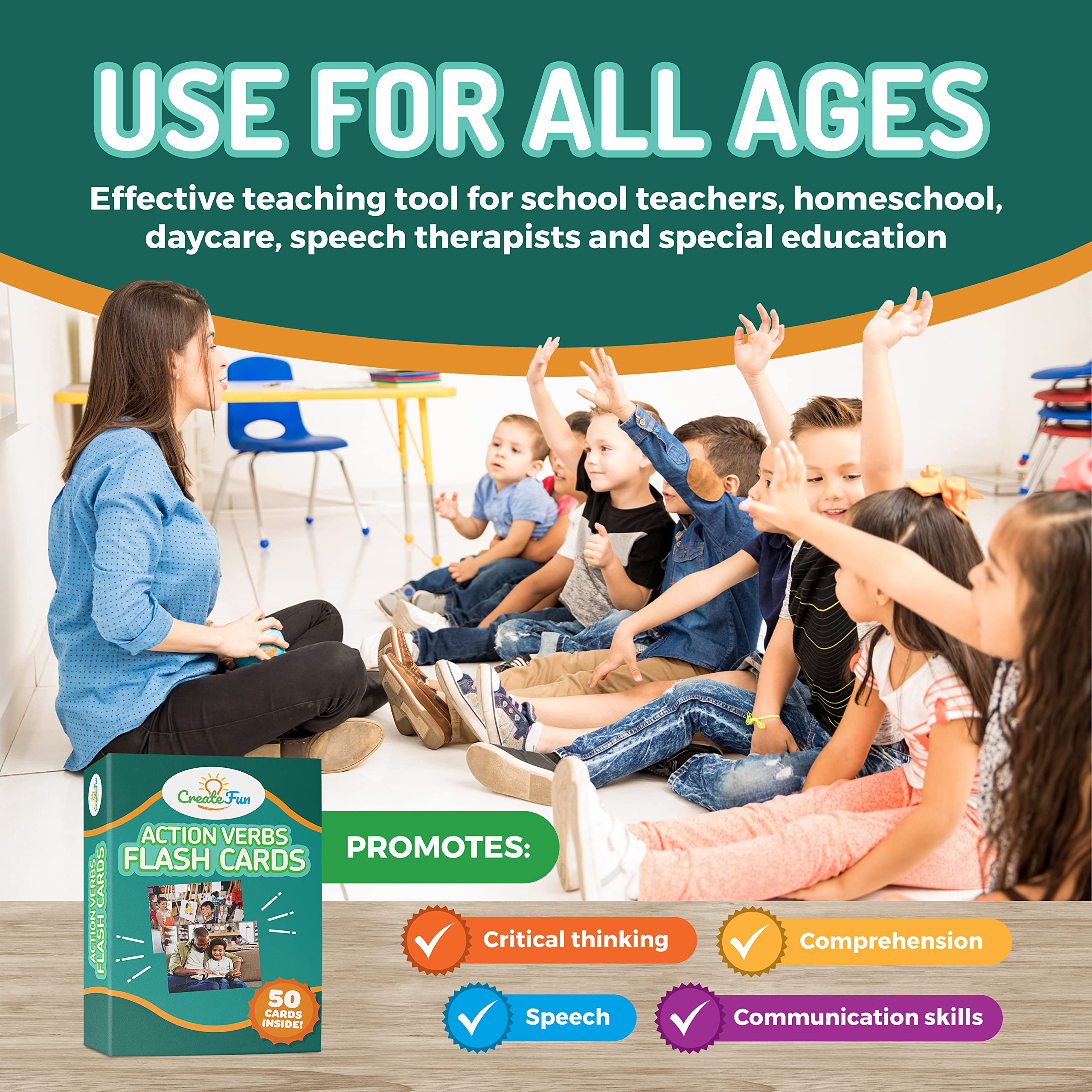 Action Verbs Flash Cards - 50-Piece Educational Flash Cards for Speech Therapy and Home Schooling - Thick and Durable Vocabulary Builder Flash Cards for Kids and Adults