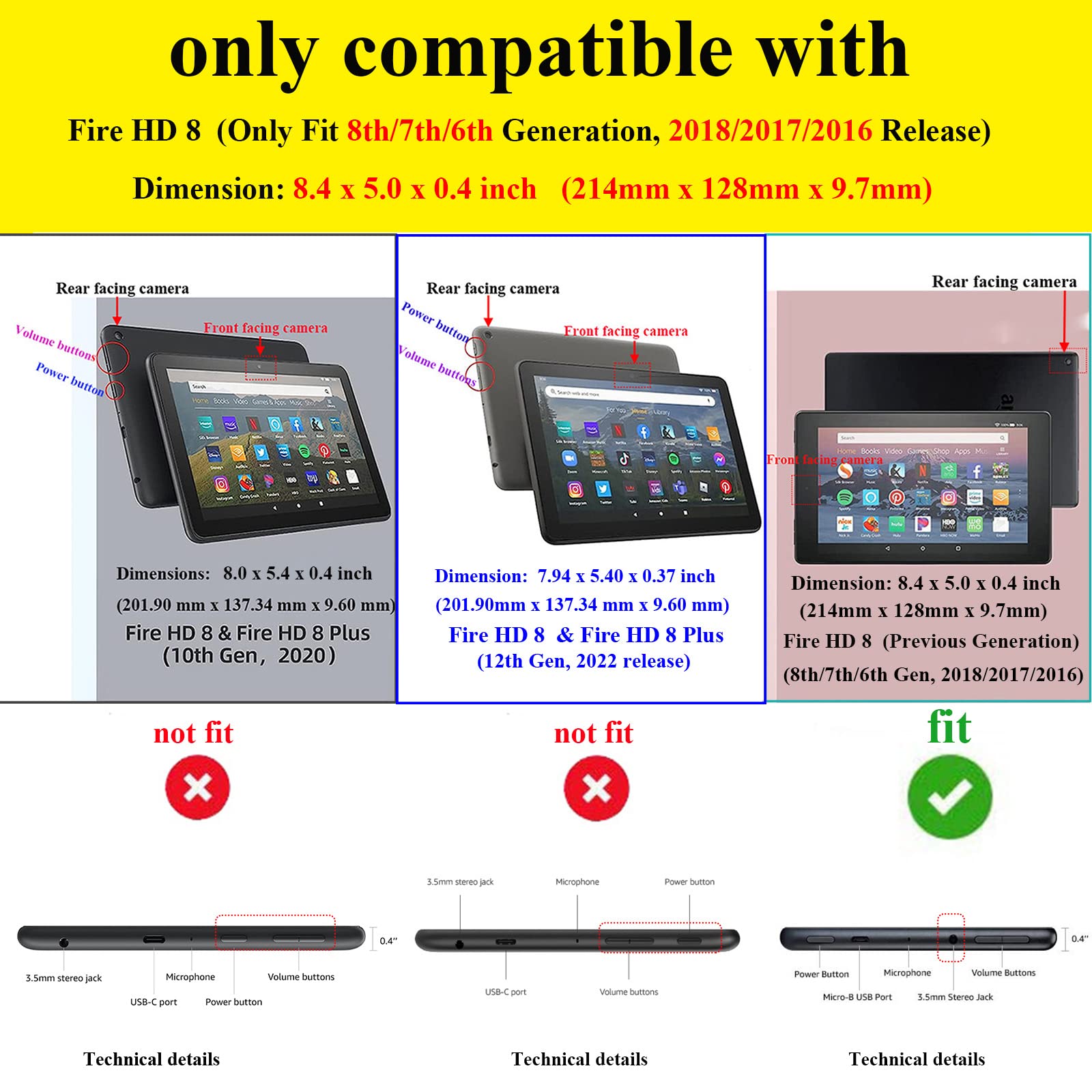 UUcovers Smart Cover for 8" Amazon Kindle Fire HD 8 Tablet 2018/2017/2016 Case 8th/7th/6th Generation with Pencil Holder, PU Leather Magnetic Folio Stand Card Wallet [Auto Wake/Sleep], Black Rose