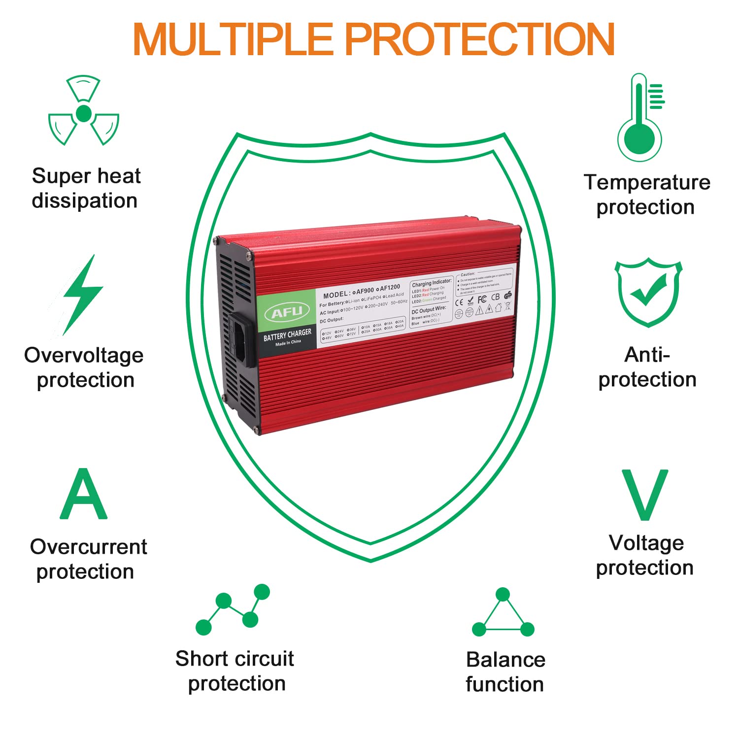 84V 10A Li-ion Battery Charger Red Aluminum Case Safe and Durable Used for 20S 72V Lithium Battery Smart Charger DC Output XT60 Male Connector