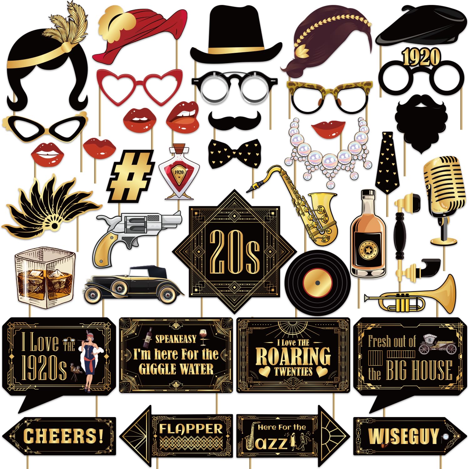 40 Pcs 1920's Photo Booth,1920 Party Decorations, 1920s Theme Party Decorations,1920 Party Decor, Roaring 20's Party Decorations, Great Gatsby Decorations Party