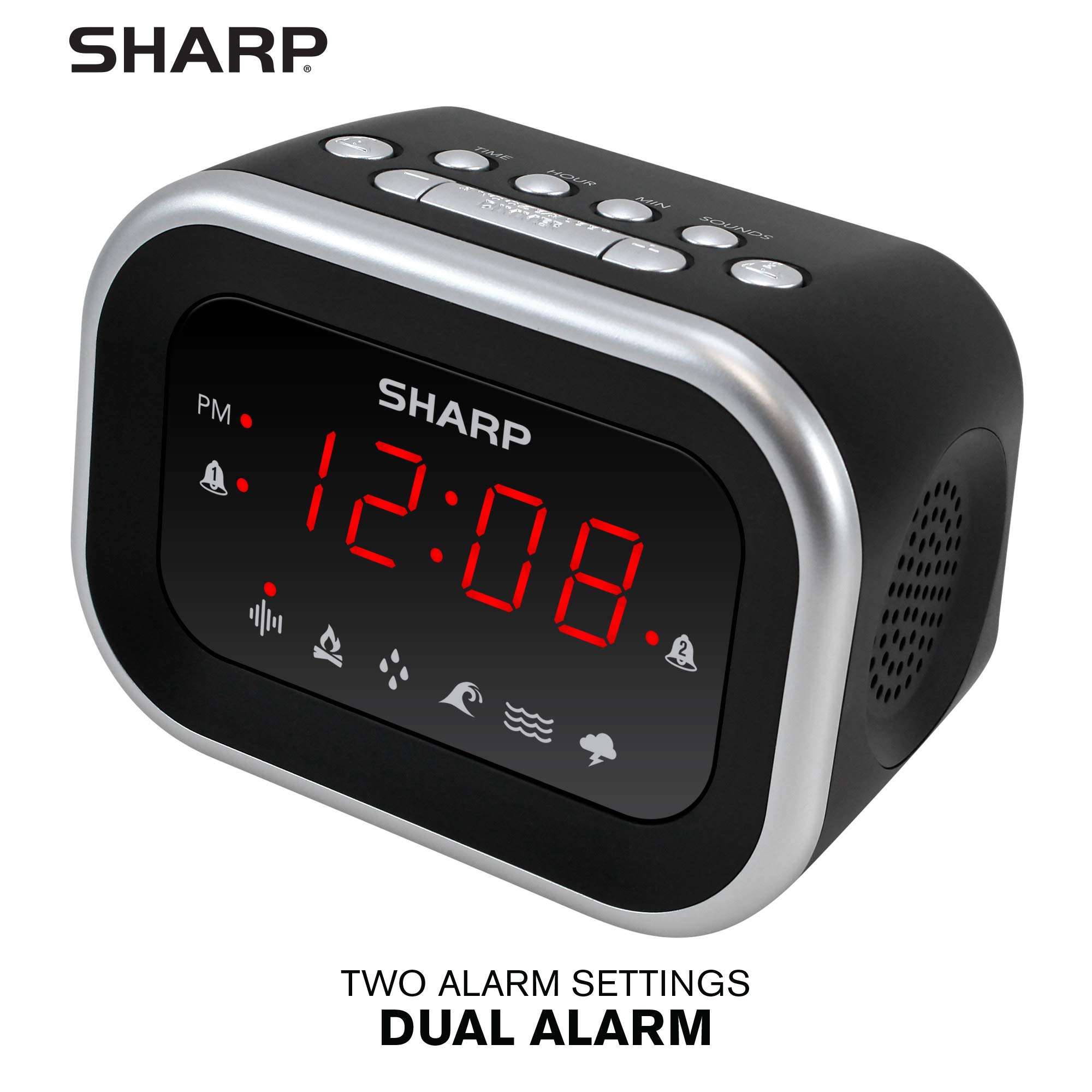 SHARP Dual Alarm Clock with Sound Machine with 6 Relaxing Sounds: White Noise, Campfire, Rain, Ocean, Brook, Thunderstorm, Easy to Use, Red LED Display