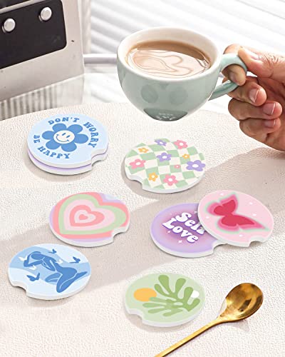 8pcs Danish Pastel Car Coasters 2.56 inches Car Cup Holders Absorbent Ceramics with Finger Notch Drinks Coasters Cork Base Aesthetic Smiling Face Flowers Preppy Boho Cute Car Accessories for Women