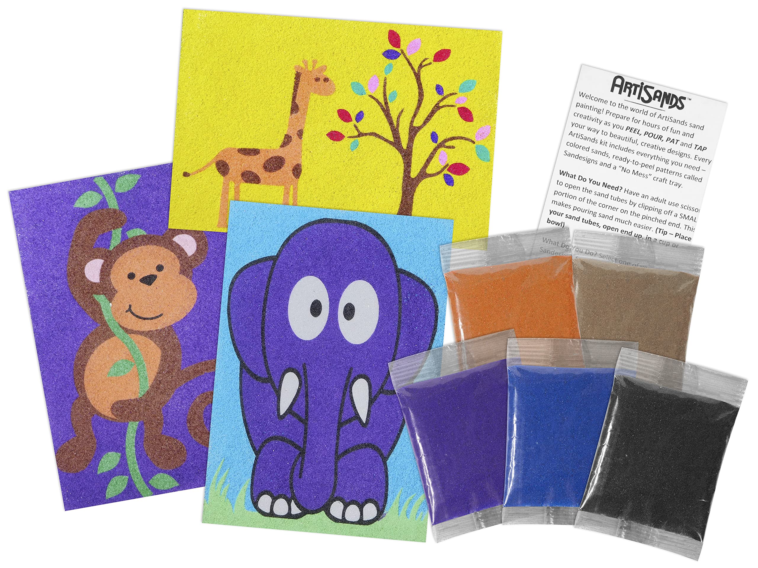 Activa ArtiSands Zoo Animals Sand Art Board Craft Kit, 3 Designs & 5 Sand Colors | No Scissors, No Glue, No Mess!
