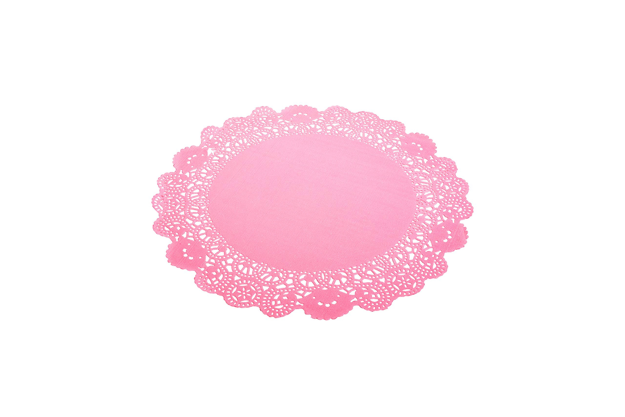 Restaurantware Pastry Tek 12 x 12 Inch Lace Doilies 100 Decorative Tableware Placemats - Disposable Round Pink Paper Table Doilies For Birthdays Or Weddings Table Decor