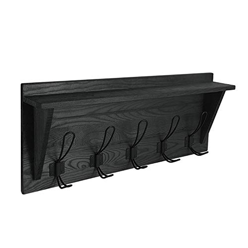 Flexzion Wall Shelf with Hooks, Wall Coat Rack with Double Loop Hooks, 24-Inch Vintage Black Entryway Shelf with Coat Hooks Wall Mounted Rustic Farmhouse Wood Floating Shelves with Coat Hanger