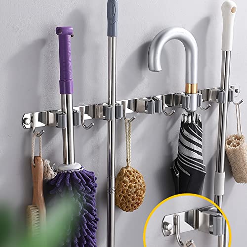 4 Racks With 5 Hooks, Silver Broom Holder Mop Hanger Garden Kitchen Tool Organizer 4 Racks, Wall Mounted