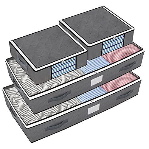 Isbasa 4 Pack Under Bed Storage Bags, 2 Foldable Underbed Storage Bags and 2 Organizer Bins with 4 Reinforced Handles, Pocket for Labels and Clear Windows for Clothes, Blankets, Bedding, Grey