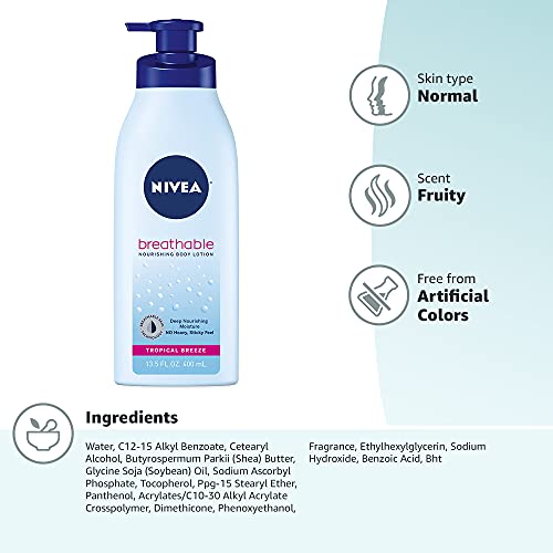 NIVEA Breathable Nourishing Body Lotion in Tropical Breeze, 48-Hour Moisturizing Lotion with Shea Butter, Vitamin E and C, 13.5 Fl Oz Pump Bottle