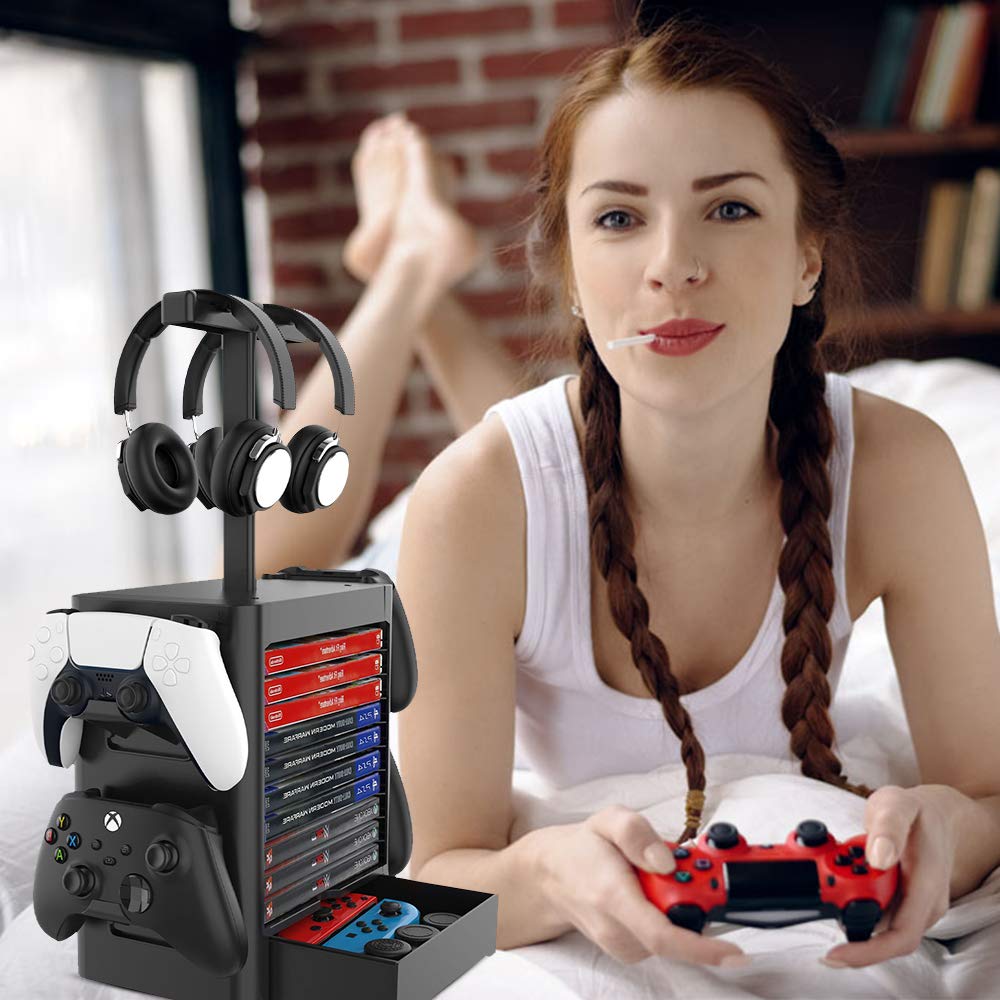 ASFSKY Game Organizer Storage Tower Game Controller Holder ABS Video Game Organizer Multifunctional Game Disk Rack Controller Organizer Headset Holder for PS5 PS4 Xbox Gamer Gifts