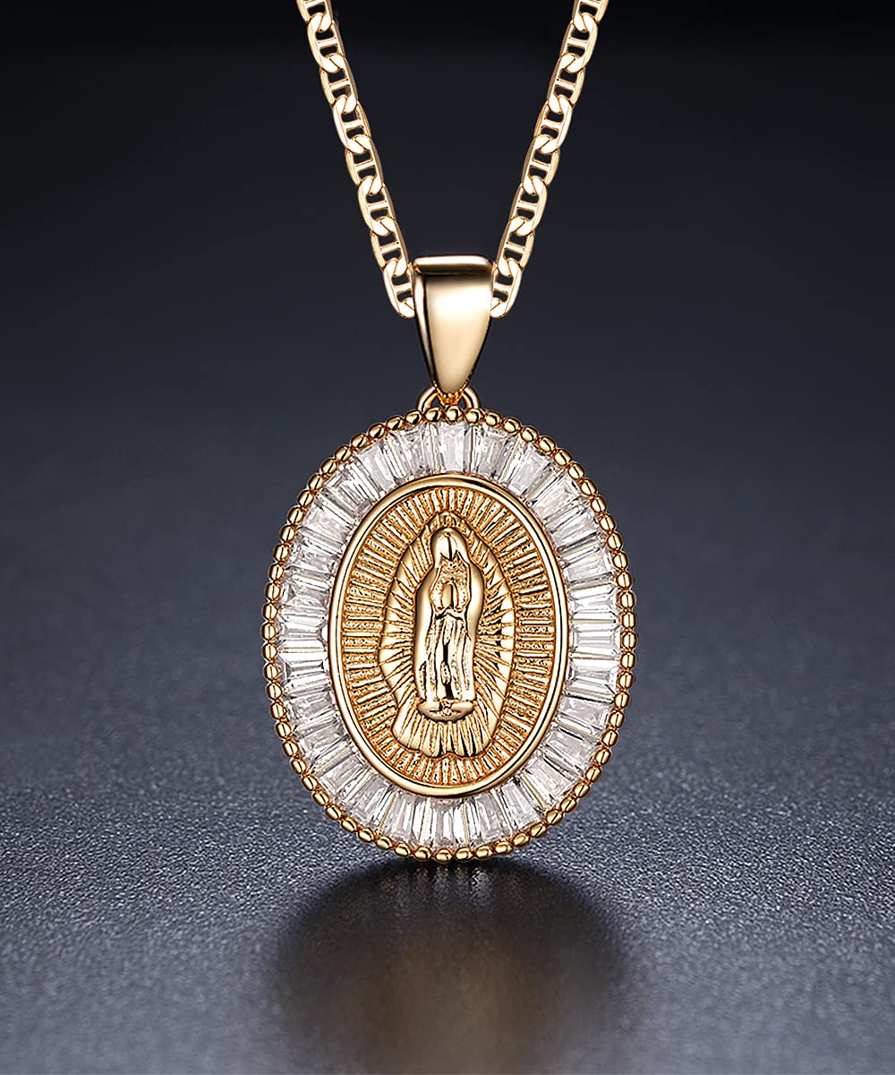 Barzel 18K Gold Plated Flat Mariner/Marina 060 3MM Chain Necklace With Cubic Zirconia Virgin Mary Guadalupe Charm Pendant (20)