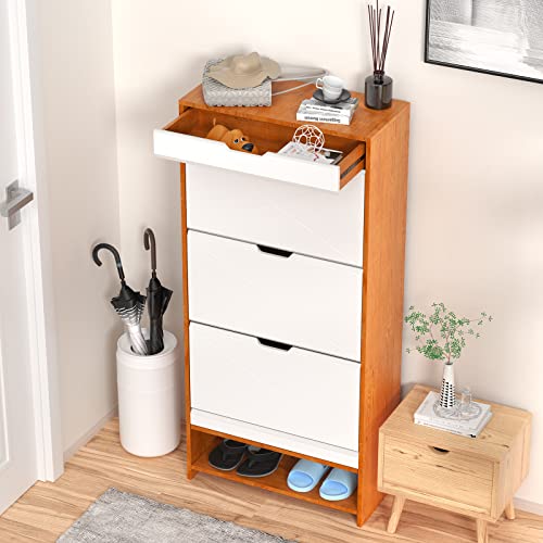 AWQM Shoe Cabinet, Modern Shoe Storage Organizer with 3 Flip Drawers, Wooden Freestanding Shoe Rack for Entryway, Hallway, Living Room, White