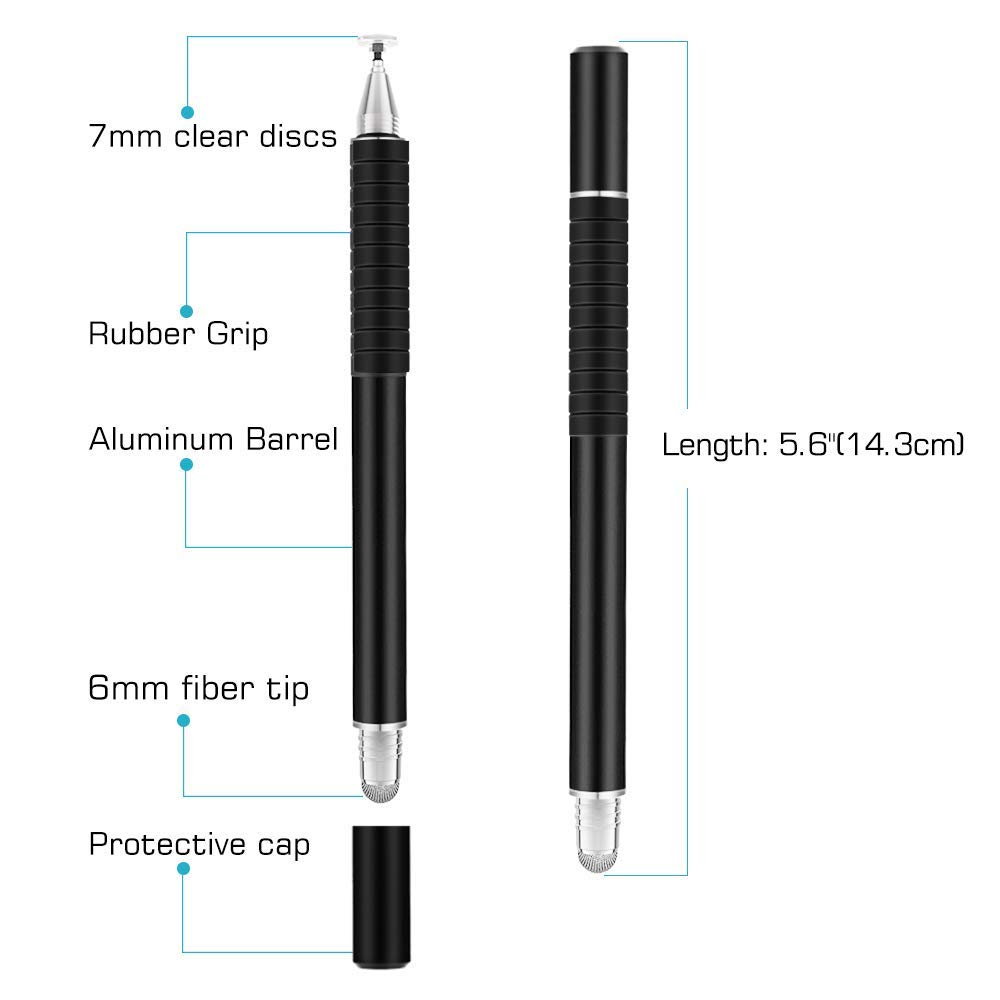 Stylus Pens for Touch Screens-Fine Point-Universal-High Precision, 2 Pieces with 6 Replacement Tips, Compatible for All Capacitive Touch Screens (Black + Black)