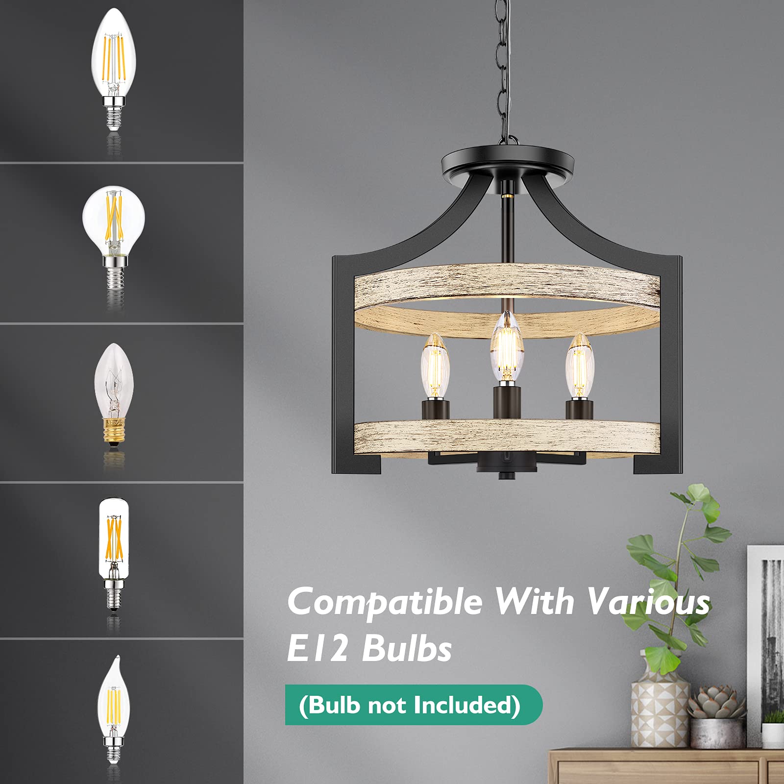 3-Light Rustic Farmhouse Pendant Hanging Light Adjustable Height Max 68in, Convertible Vintage Semi Flush Mount Ceiling Light Fixture Black Metal Chandelier White Birch Wood Finish Kitchen Dining Room