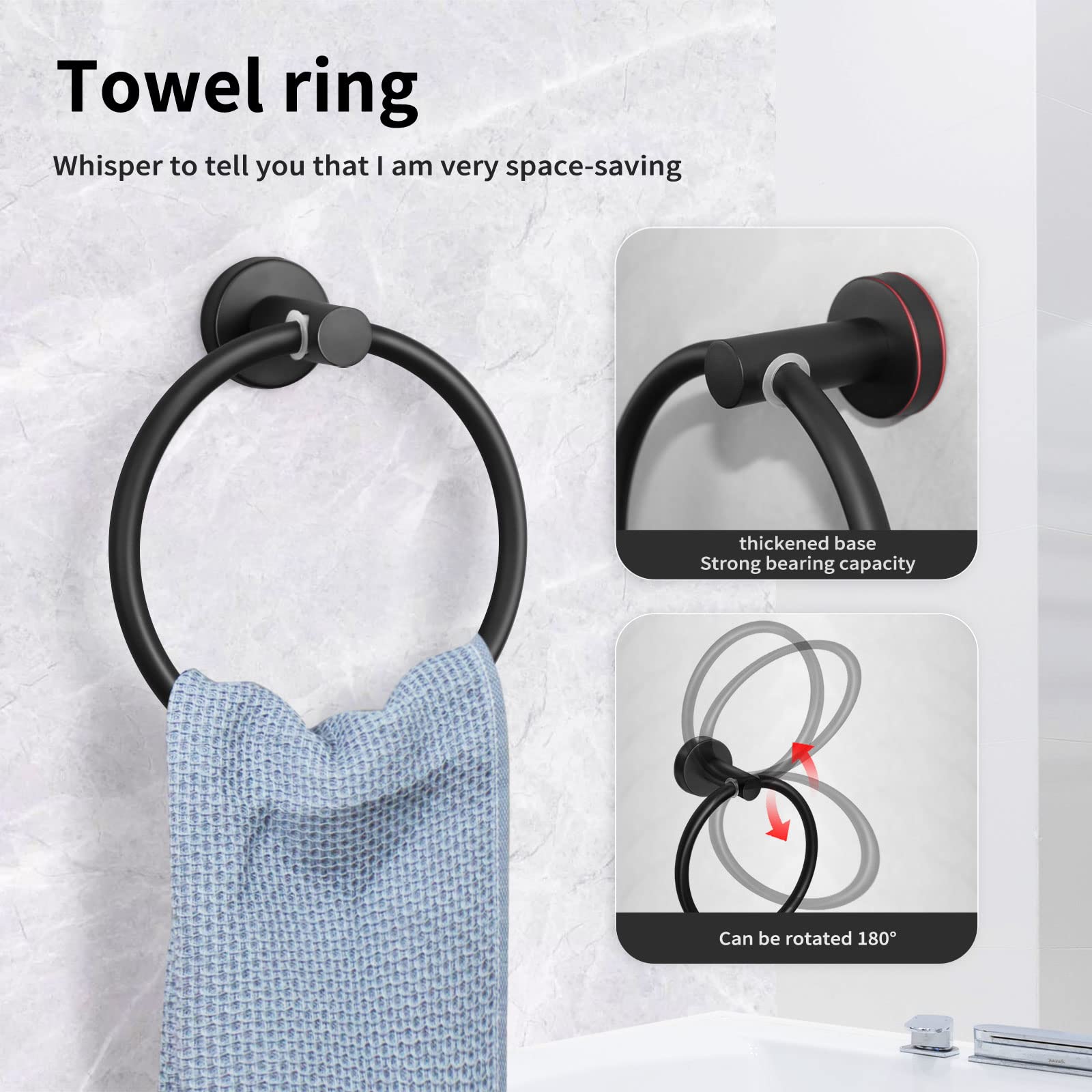 23.6 in Towel Bar Set, 5 Piece Matte Black Stainless Steel Bathroom Hardware Set Include Towel Bar, Toilet Paper Holder, Towel Ring, 2 Robe Towel Hooks, Bathroom Accessory kit