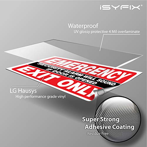 iSYFIX Emergency Exit Only Stickers – 2 Pack 10x7 Inch – Premium Self-Adhesive Vinyl, Laminated UV, Weather, Scratch, Water & Fade Resistance, Security Alarm Will Sound if Door is Opened Sign